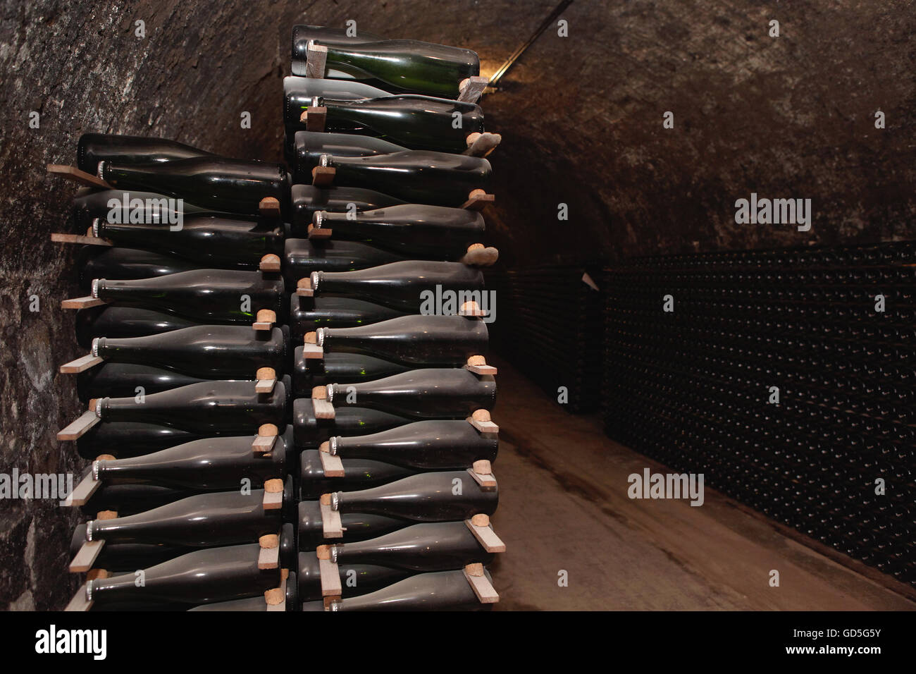 Cava bottles in a cellar of the Penedés wine region, Catalonia, Spain ...
