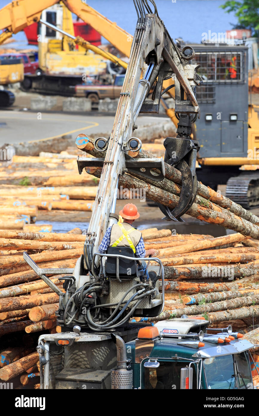 Self loading logging truck operator loading logs at sawmill, Ladysmith ...