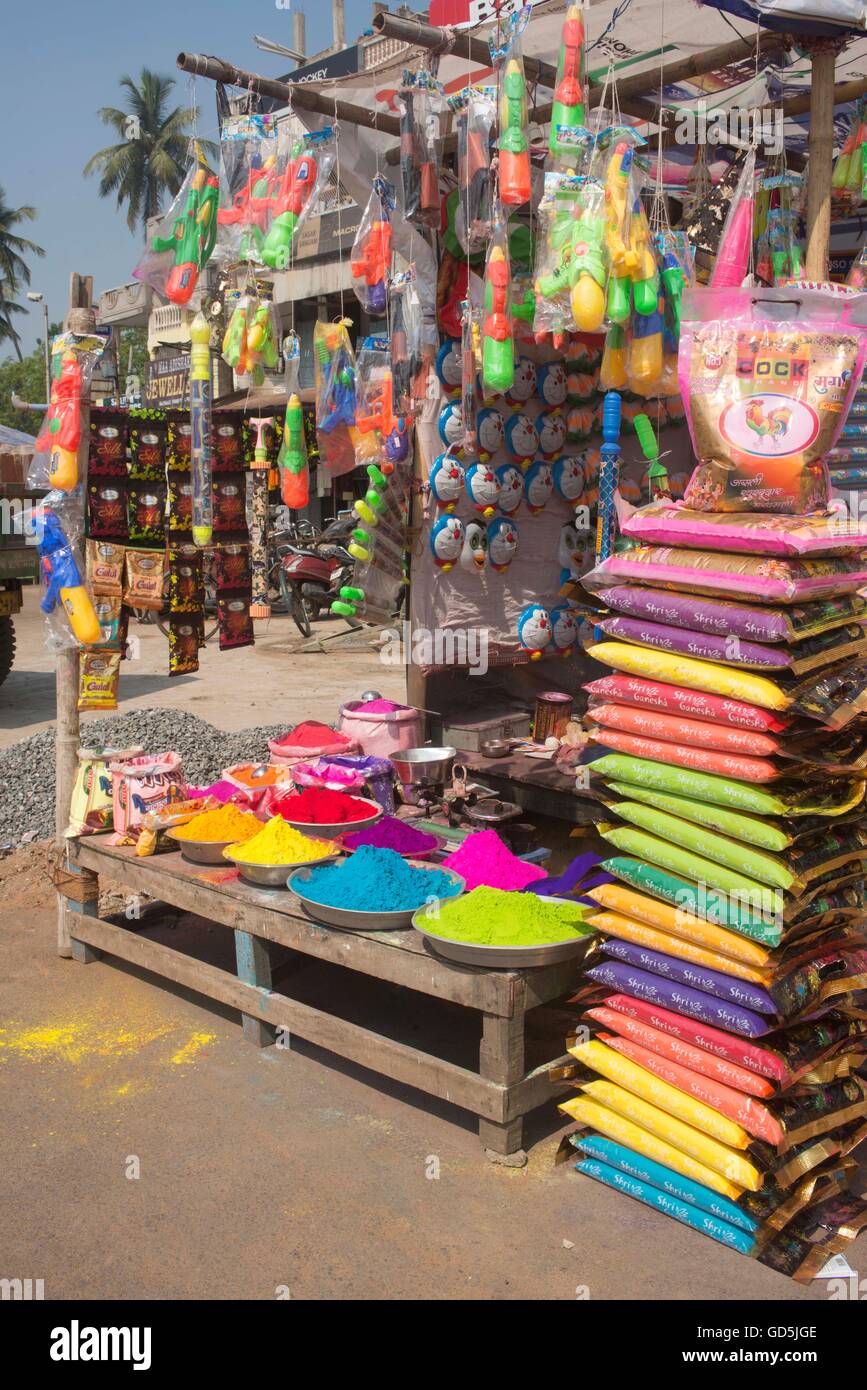 Dry colours and pichkari stall, holi festival, puri, orissa, india ...
