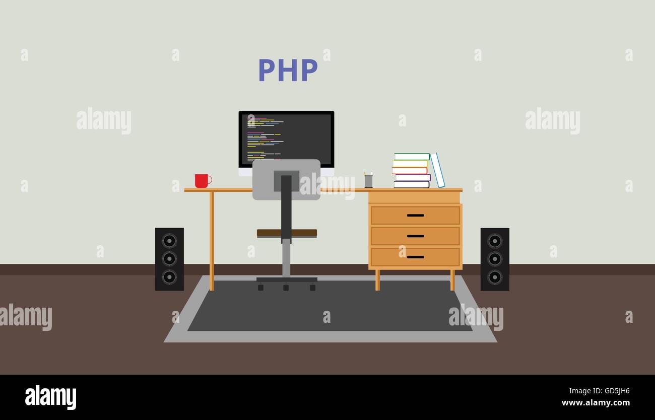 php programmer developer workspace pc computer technology Stock Vector ...