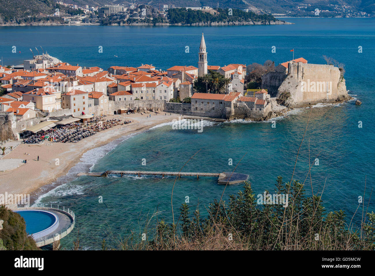 Bird's eye view of the town of Budva, a well preserved medieval walled ...