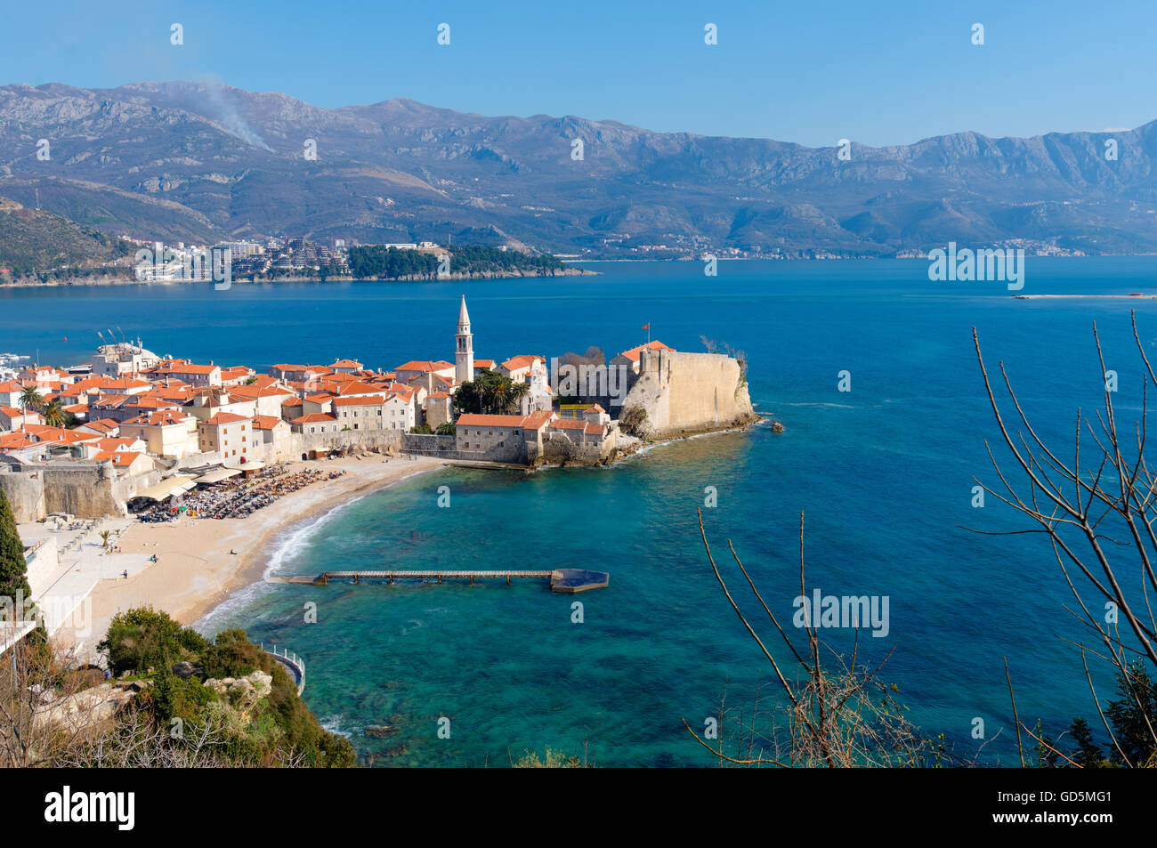 Bird's eye view of the town of Budva, a well preserved medieval walled ...