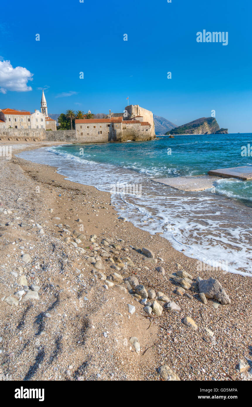 Beach of Budva, a well preserved medieval walled city on the Adriatic ...