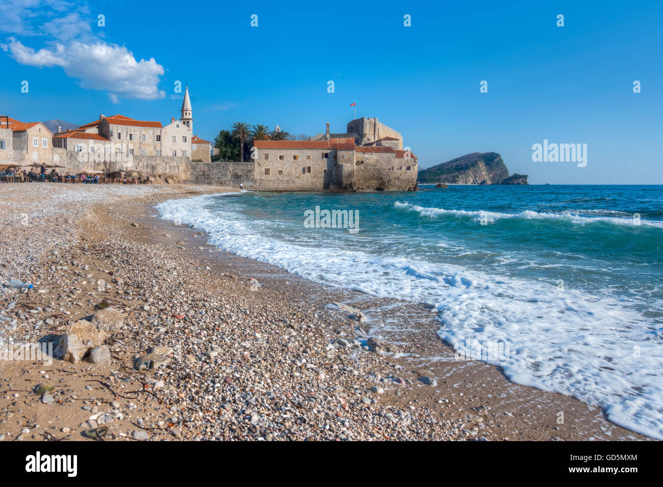 Beach of Budva, a well preserved medieval walled city on the Adriatic ...
