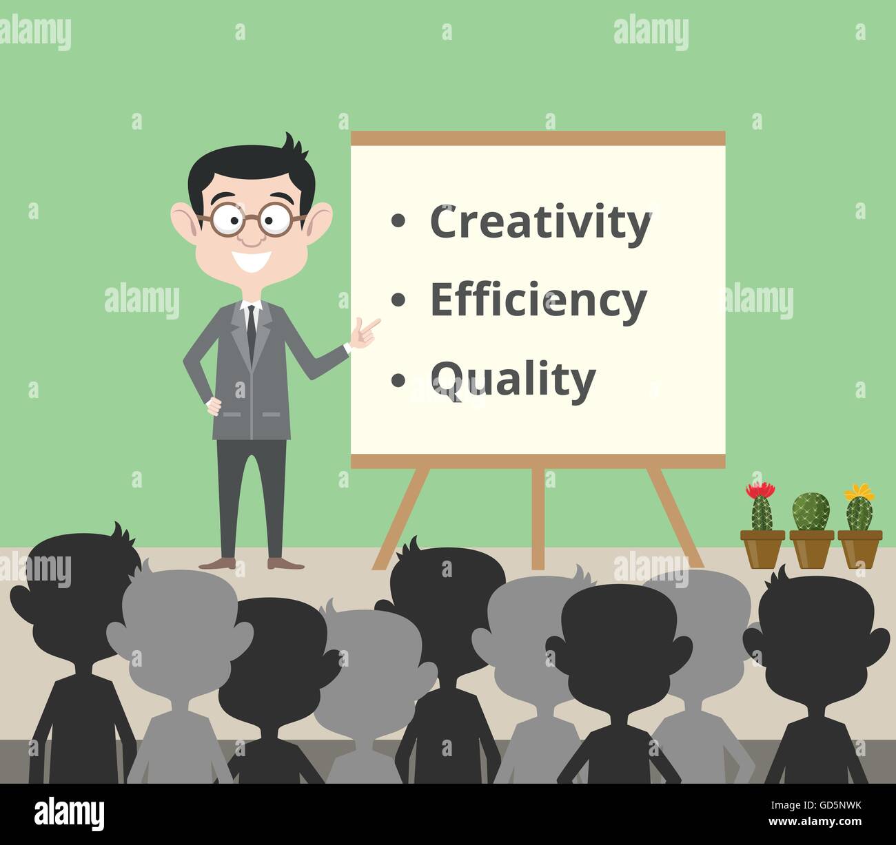 creativity efficiency and quality businessman present on big paper ...