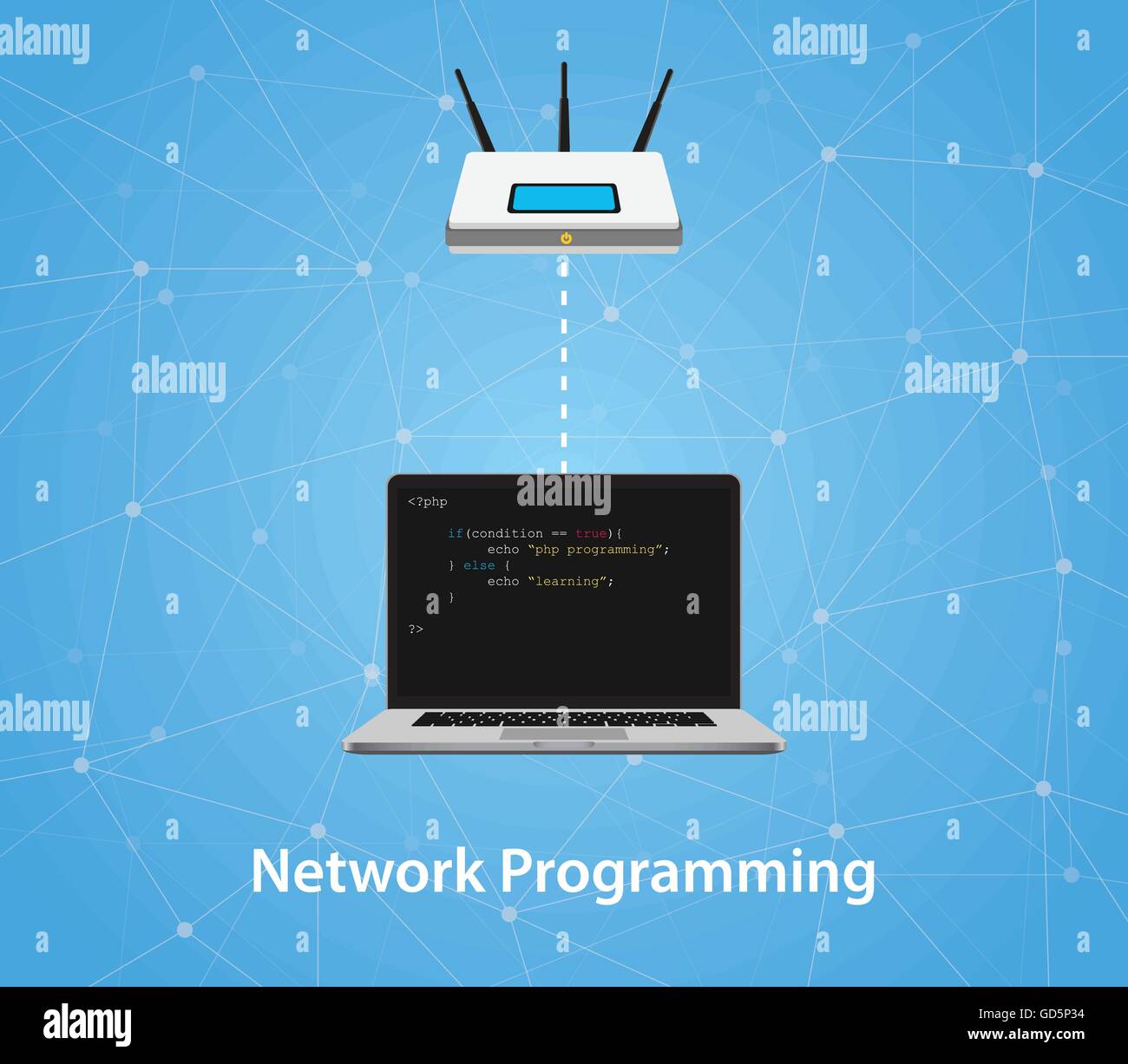 network programming concept with laptop and router with program code ...