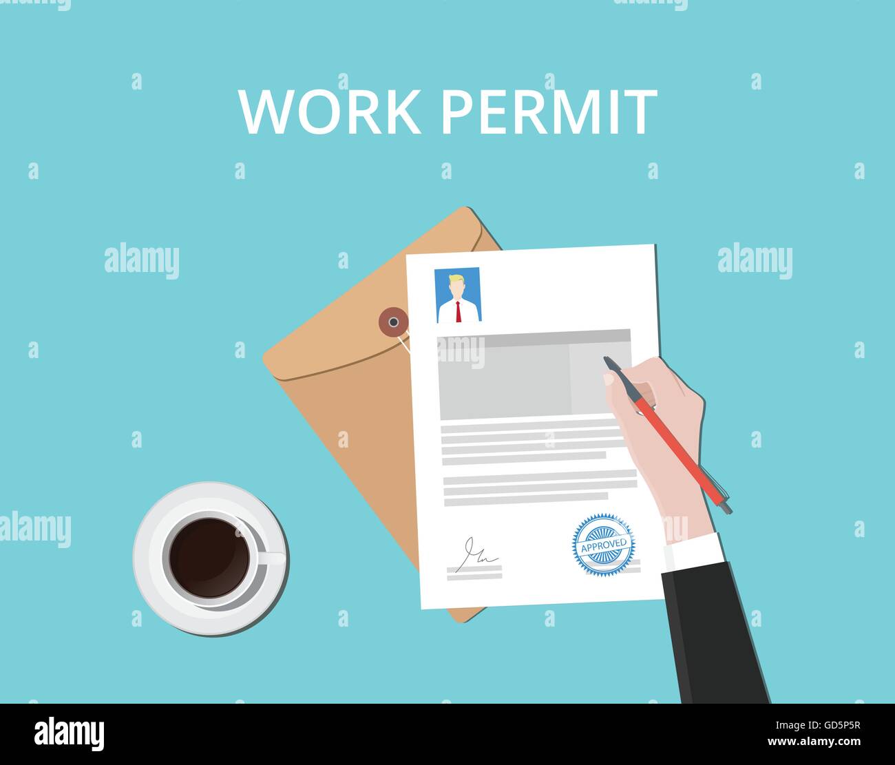 work permit hand sign a paper document with stamp and coffee vector ...