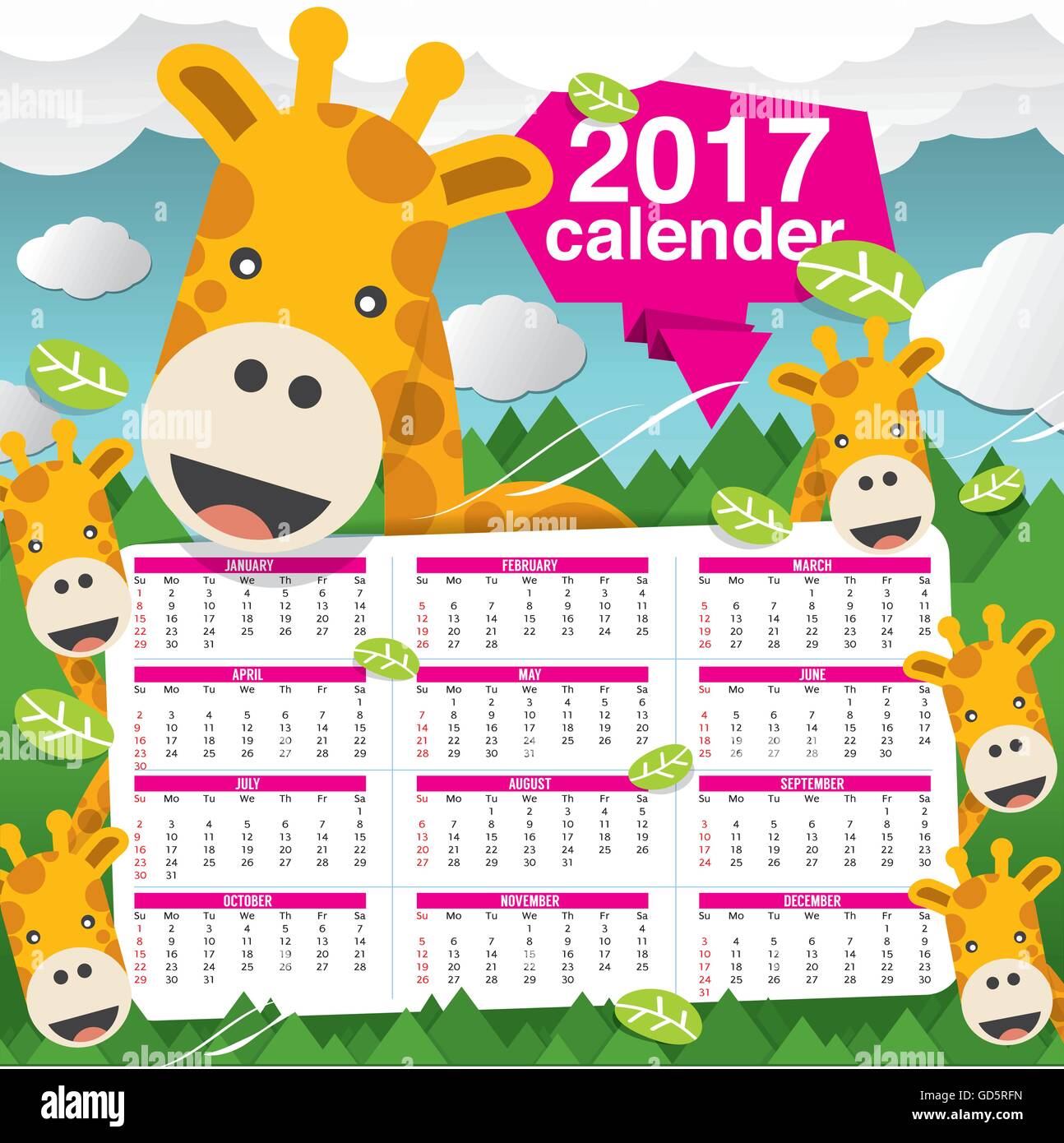 2017 Calendar Starts Sunday Giraffe In Forest Vector Illustration Stock ...