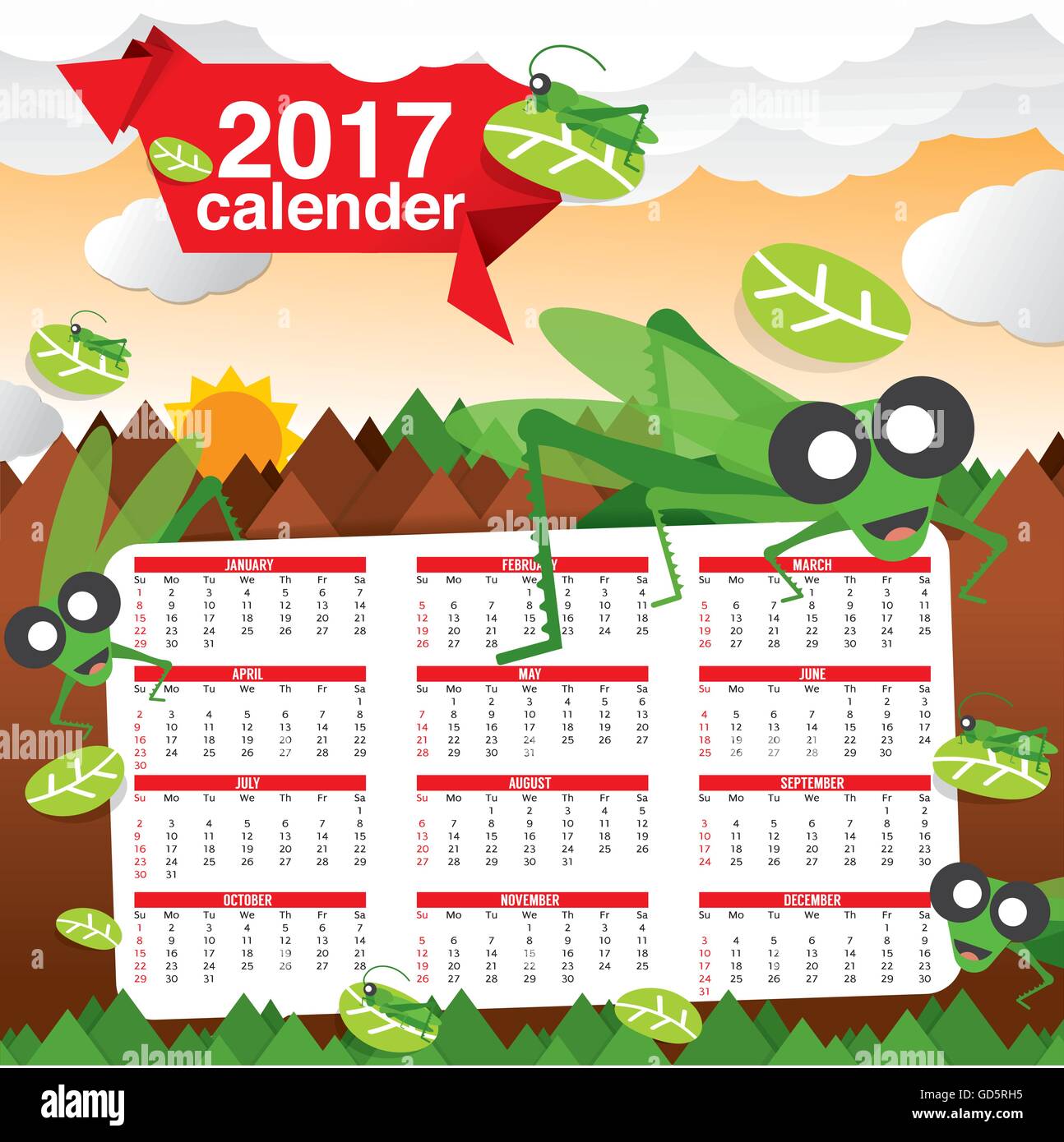2017 Calendar Starts Sunday Jungle Concept Vector Illustration Stock ...