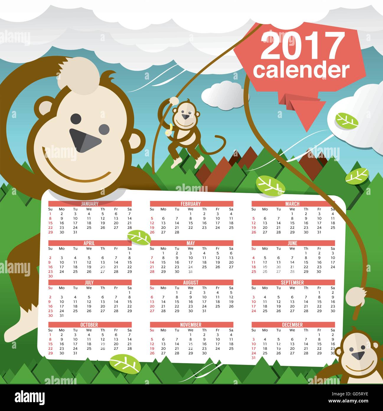 Cute Monkeys 2017 Calendar Starts Sunday Vector Illustration Stock ...