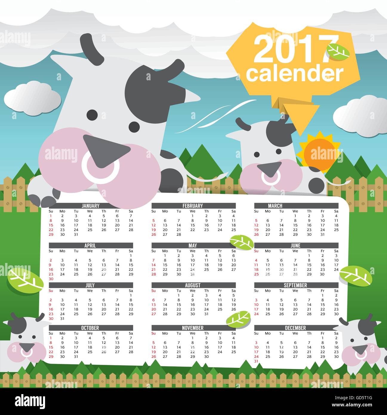 2017 Printable Calendar Starts Sunday Cute Cow Vector Illustration ...