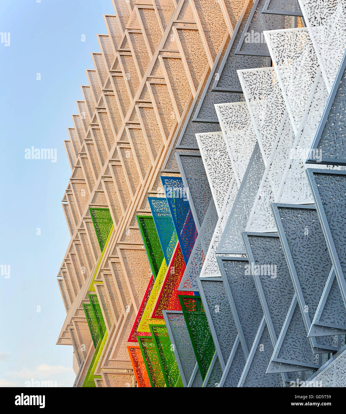 Detail of exterior facade with adjustable triangular and colorful ...