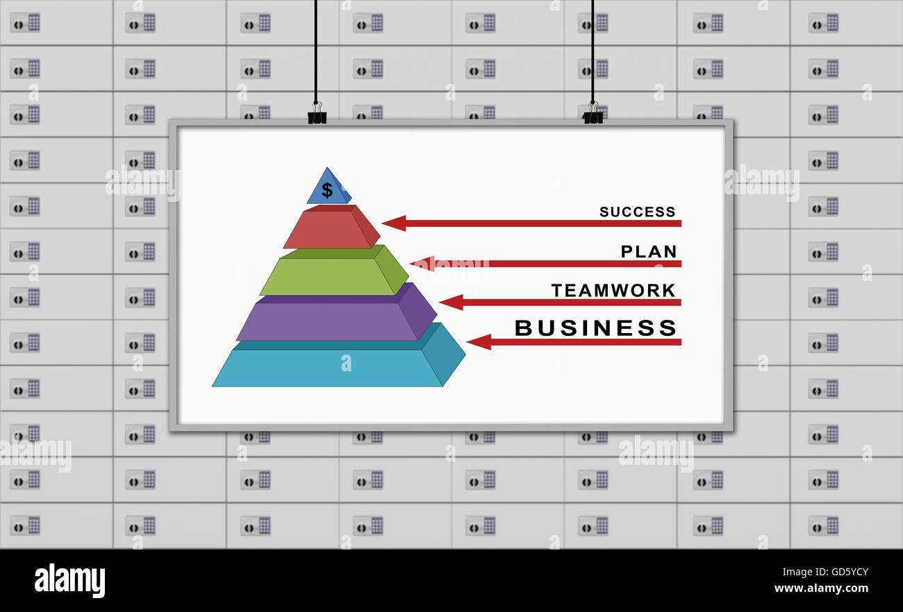 white board with drawing business pyramid on a deposit boxes background ...