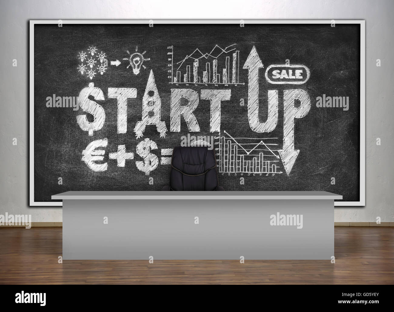 presentation room in a university and chalk board with drawing start up ...