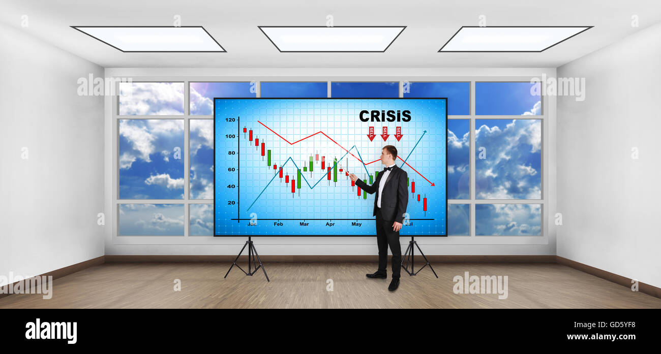 businessman with pointer standing in room and showing crisis chart on ...