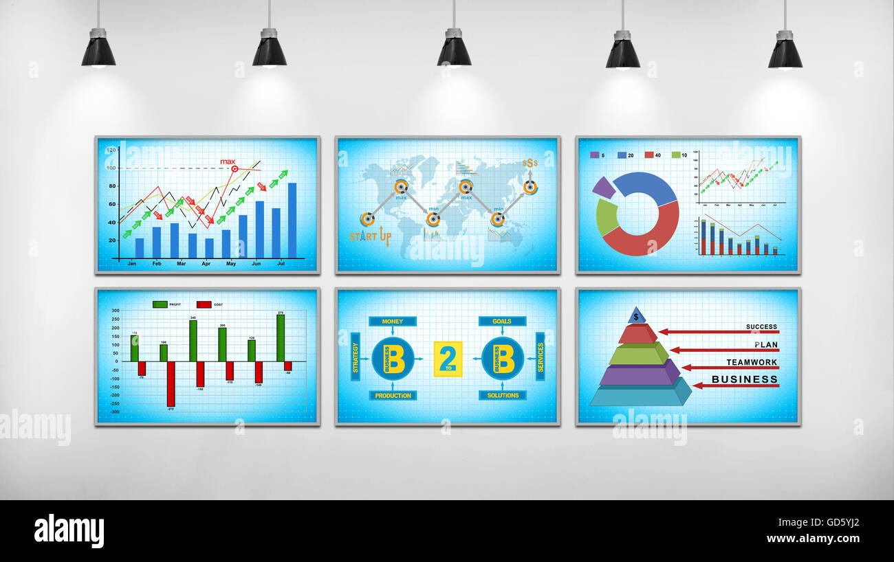 six screen on wall in room with business development scheme Stock Photo ...