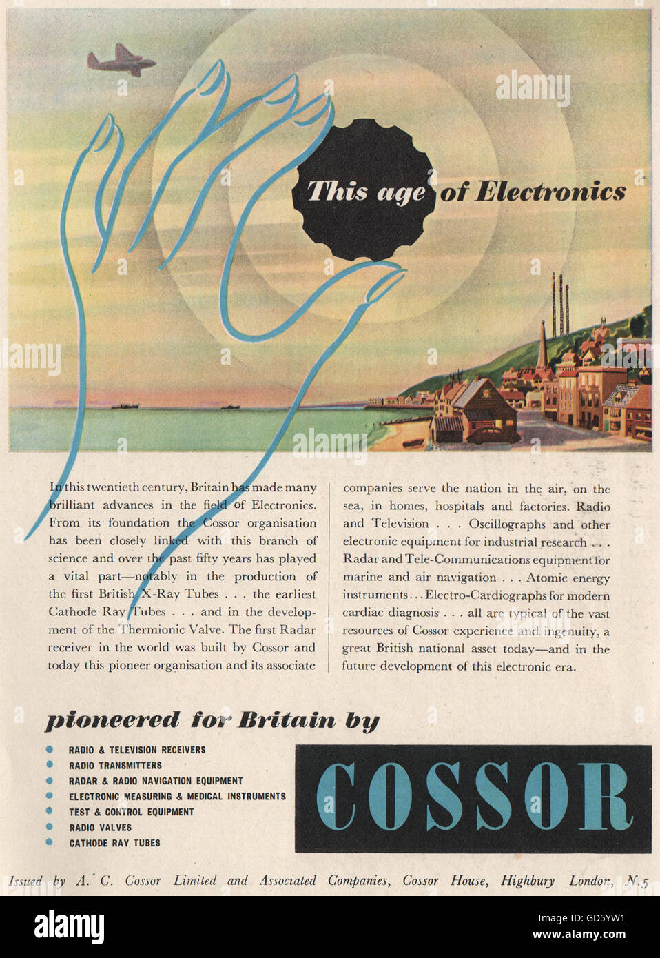 ELECTRONICS ADVERT. Cossor. Radio radar TV controls cathode ray tubes ...