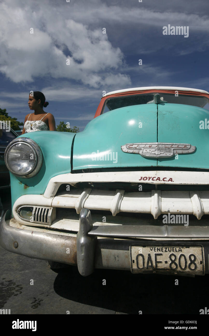 a old american car in the town of Juangriego on the Isla Margarita in ...