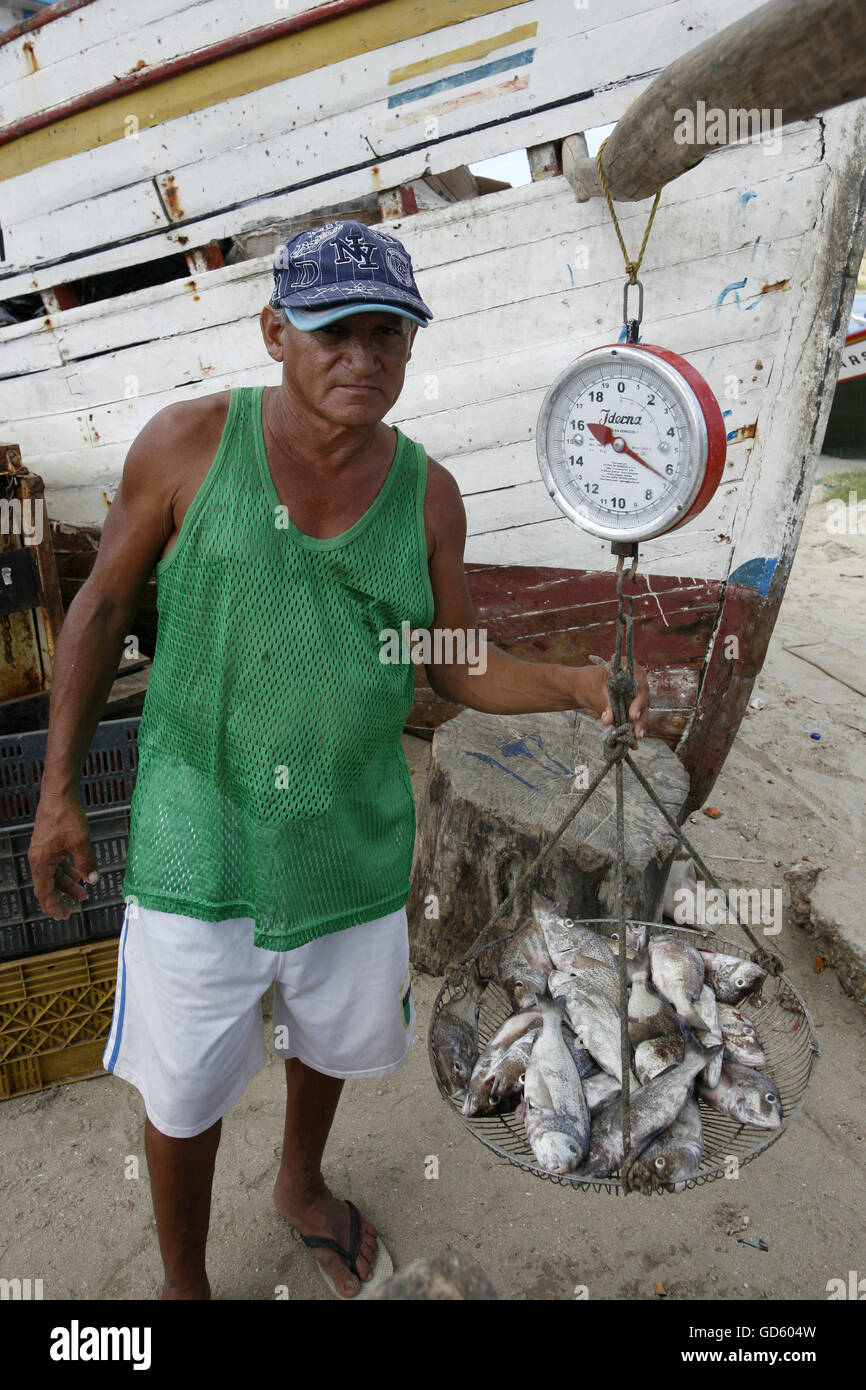 the fish market at the beach in the town of Juangriego on the Isla ...