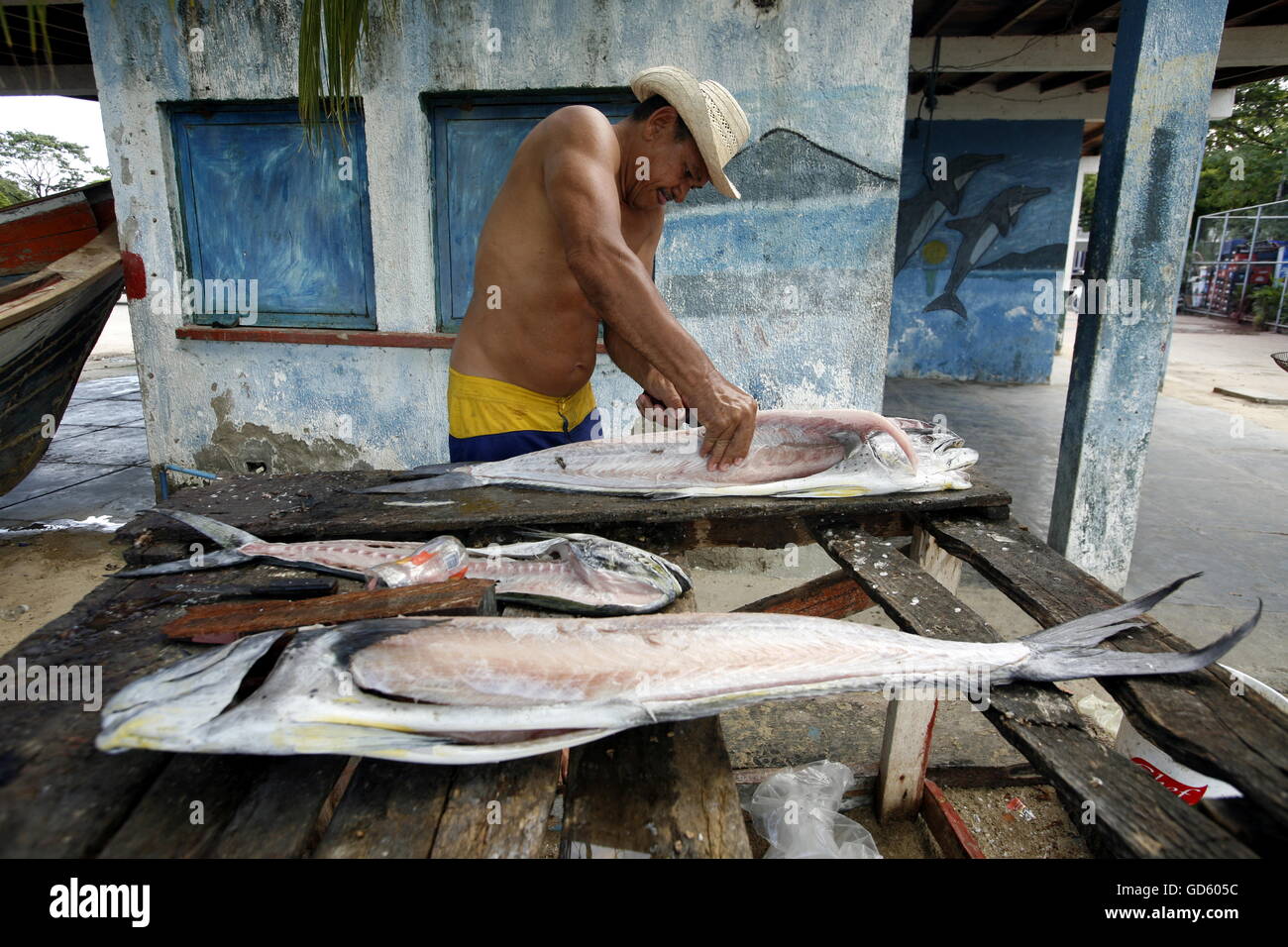 the fish market at the beach in the town of Juangriego on the Isla ...