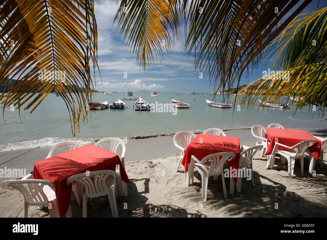 a restaurant at the beach in the town of Juangriego on the Isla ...