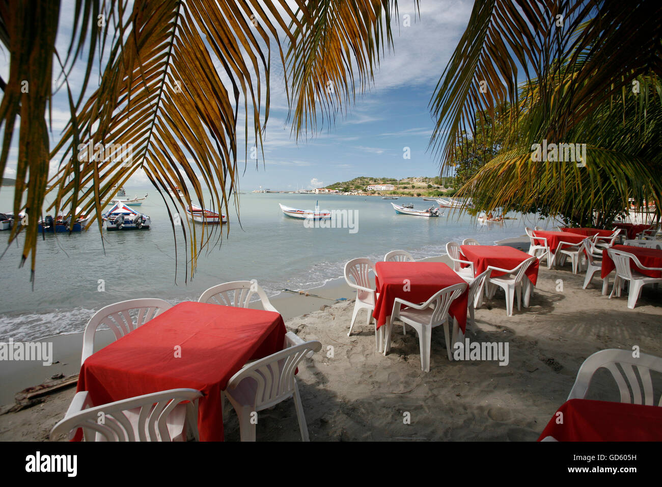 a restaurant at the beach in the town of Juangriego on the Isla ...