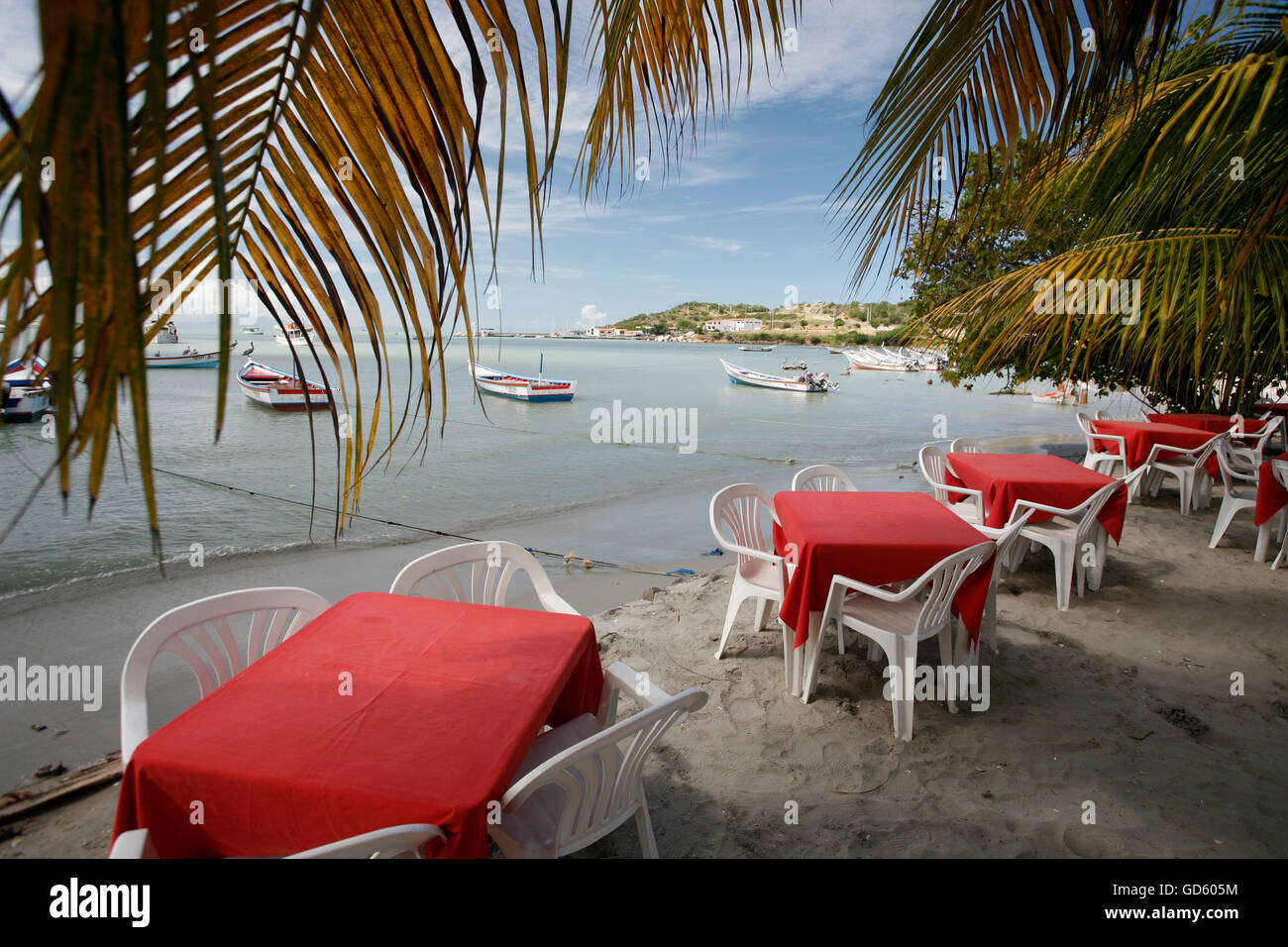 a restaurant at the beach in the town of Juangriego on the Isla ...