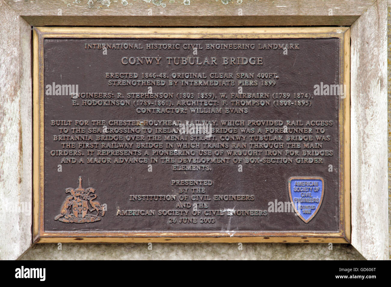 Plaque commemorating the building and opening of Conway tubular bridge ...
