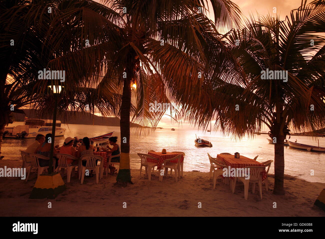 a restaurant at the beach in the town of Juangriego on the Isla ...