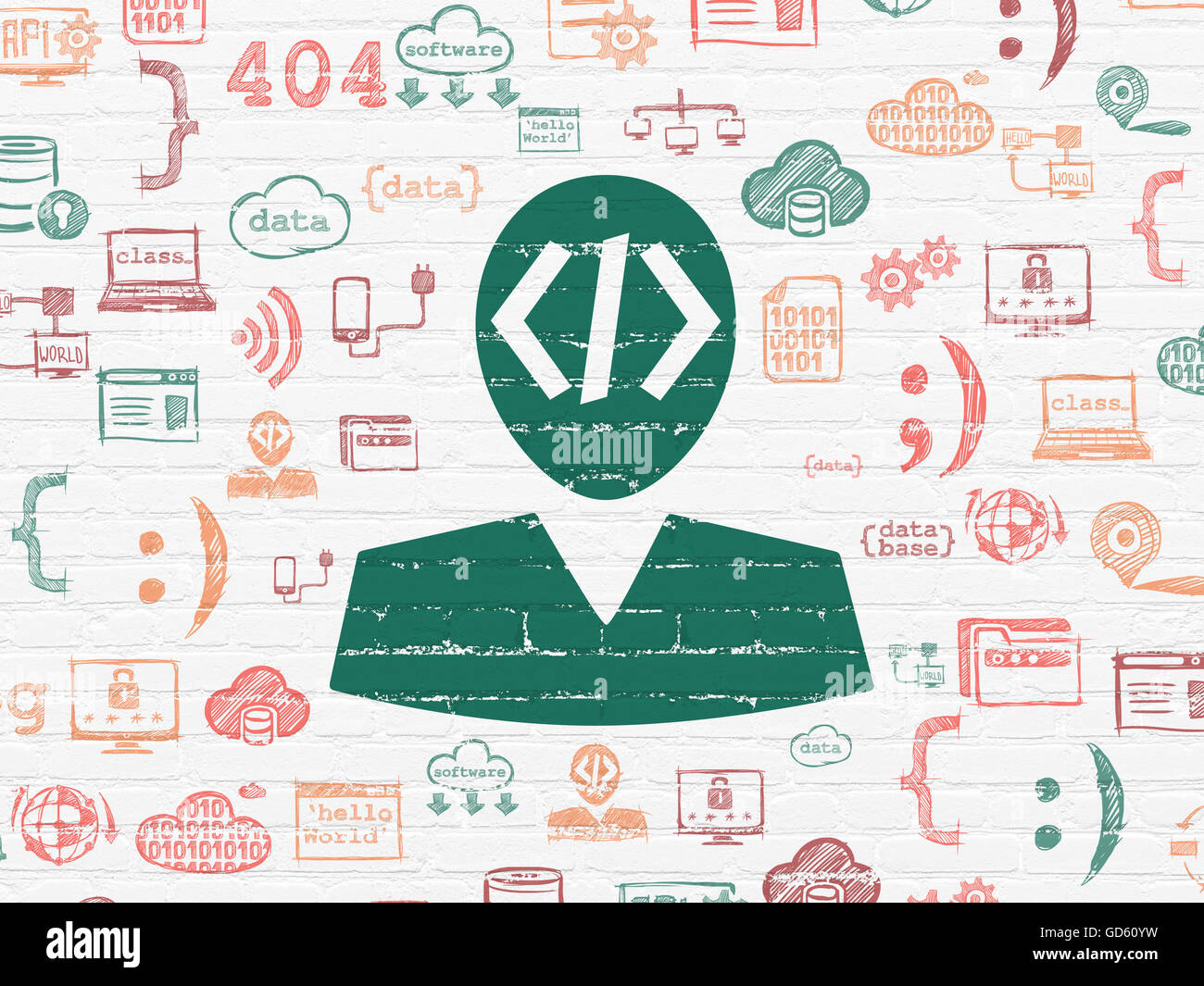 Database concept: Programmer on wall background Stock Photo - Alamy