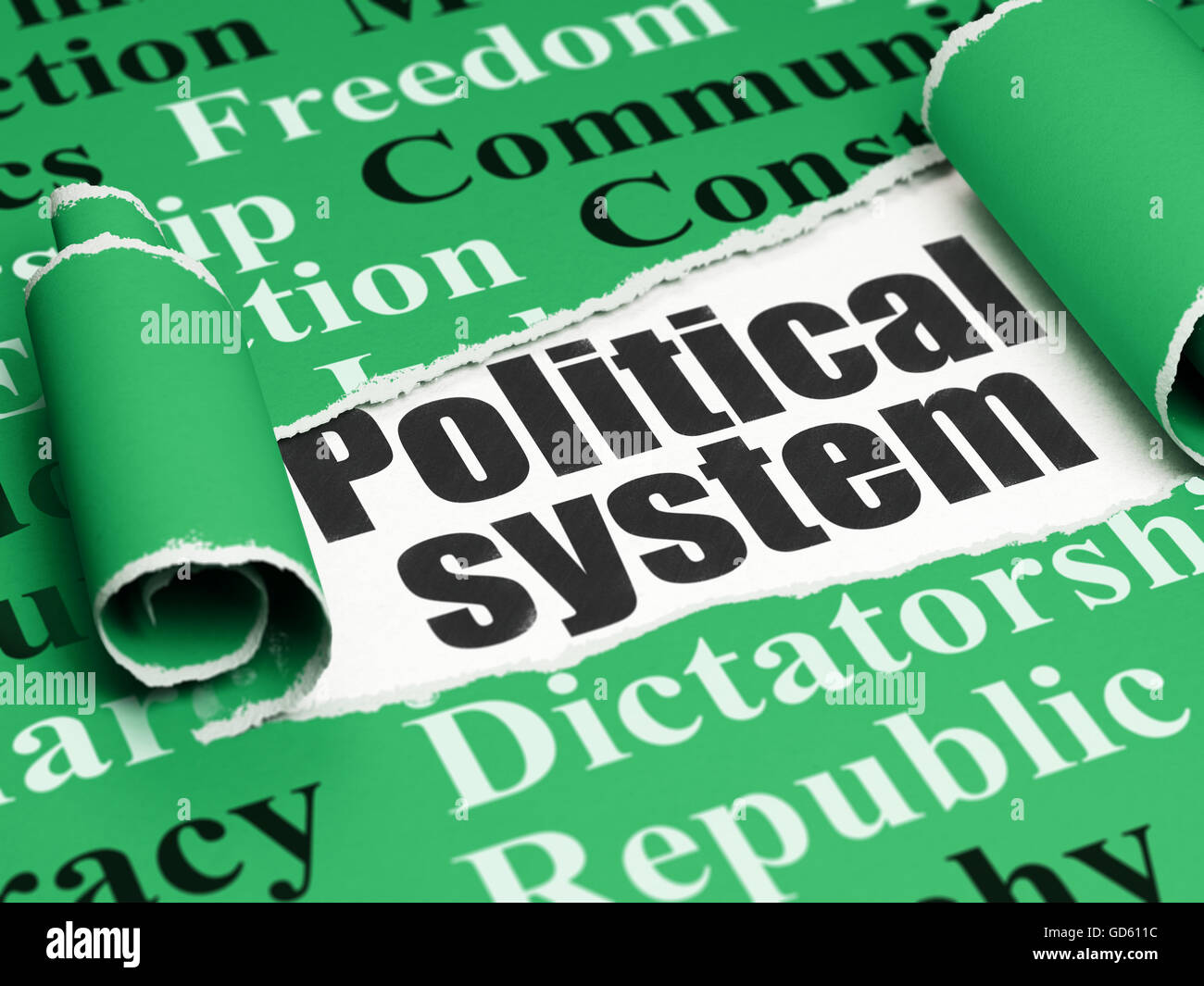 Political concept: black text Political System under the piece of torn ...