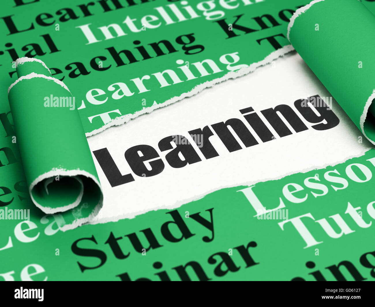 Learning concept: black text Learning under the piece of torn paper ...