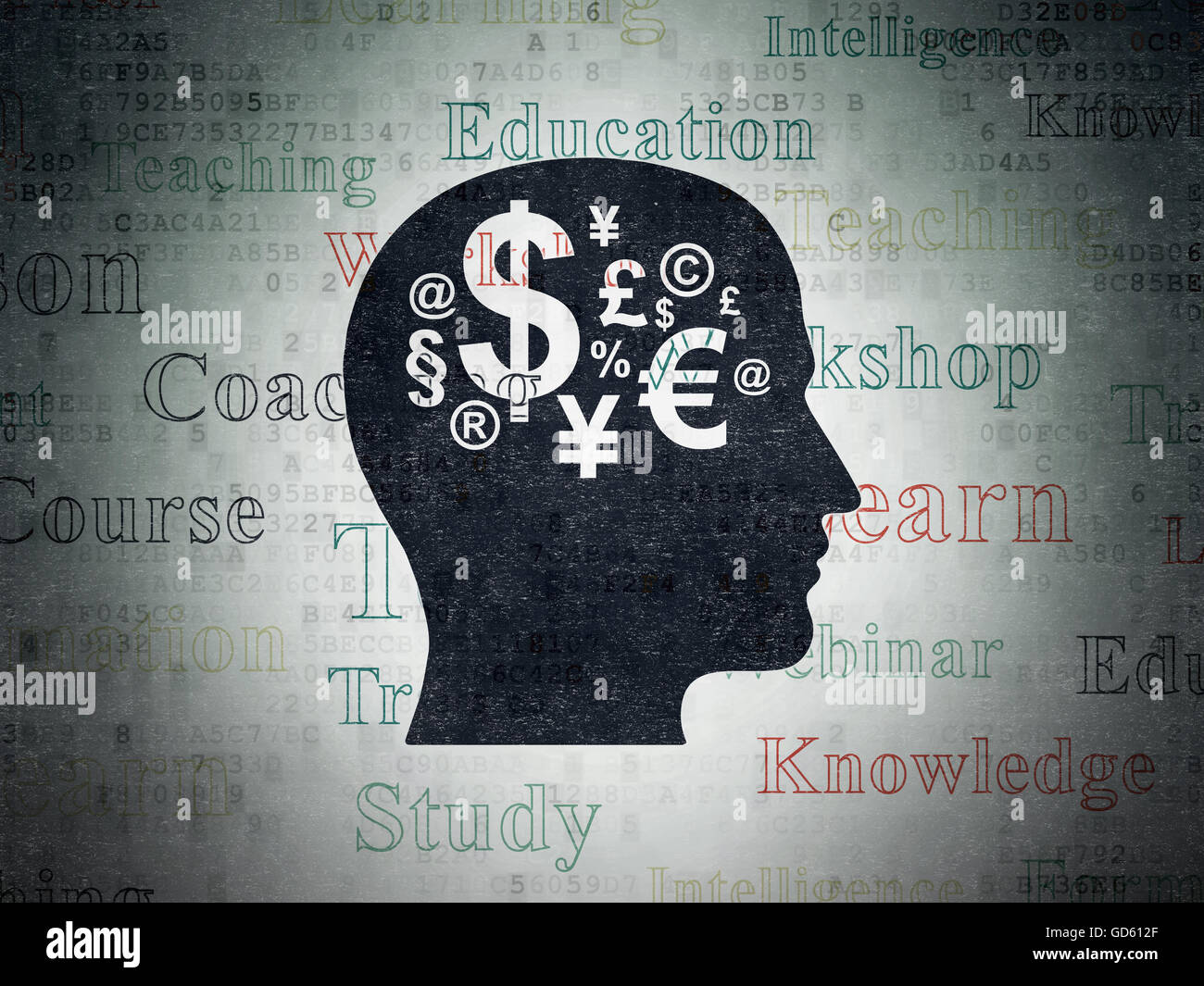 Learning concept: Head With Finance Symbol on Digital Data Paper ...