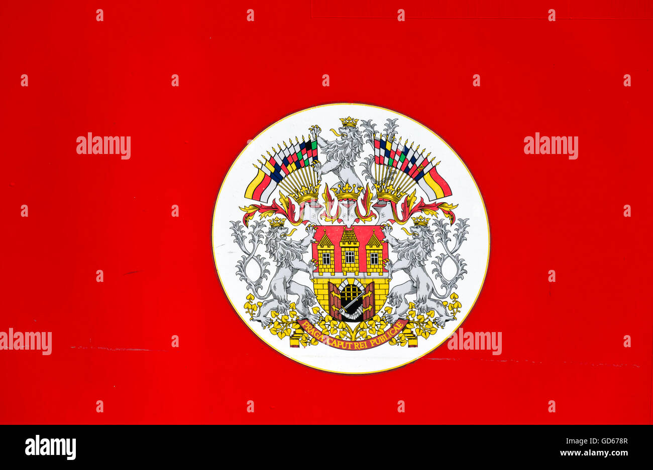 Attractive City crest on the side of a tram in the centre of Prague ...