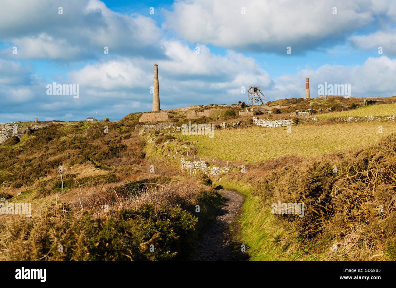 Warm evening light across the Botallack mines in North Cornwall Stock ...