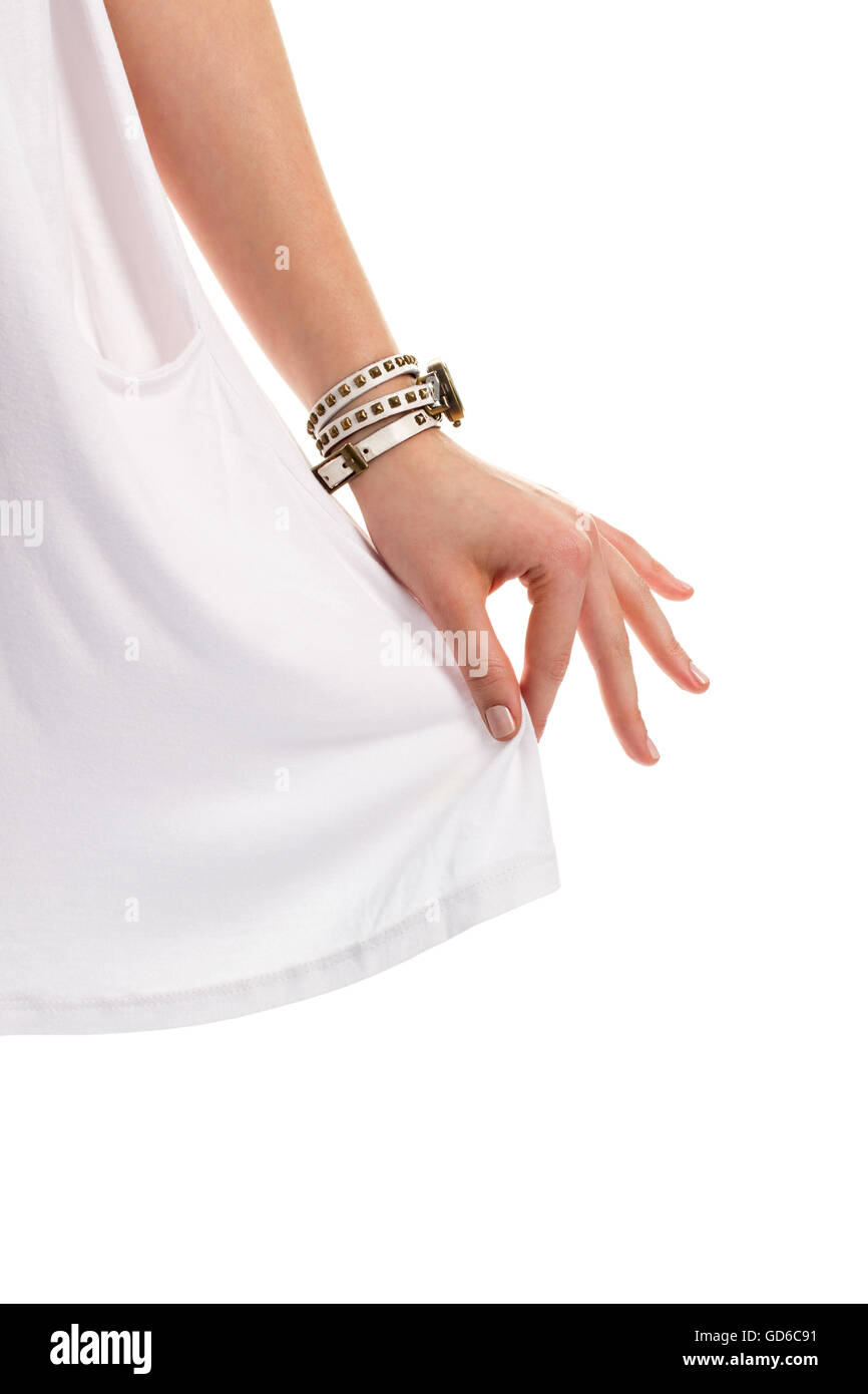 Small watch on lady's hand. Fingers touching white fabric. Trendy watch ...