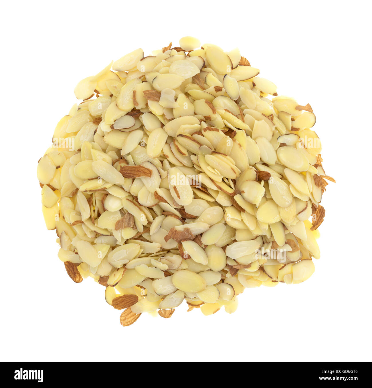Top view of a large portion of sliced almonds isolated on a white ...