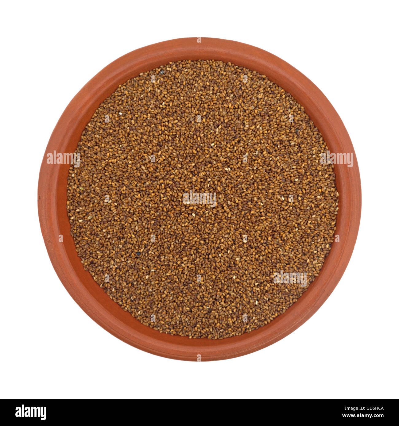 Top View Of A Small Bowl Of Teff Grain Isolated On A White Background