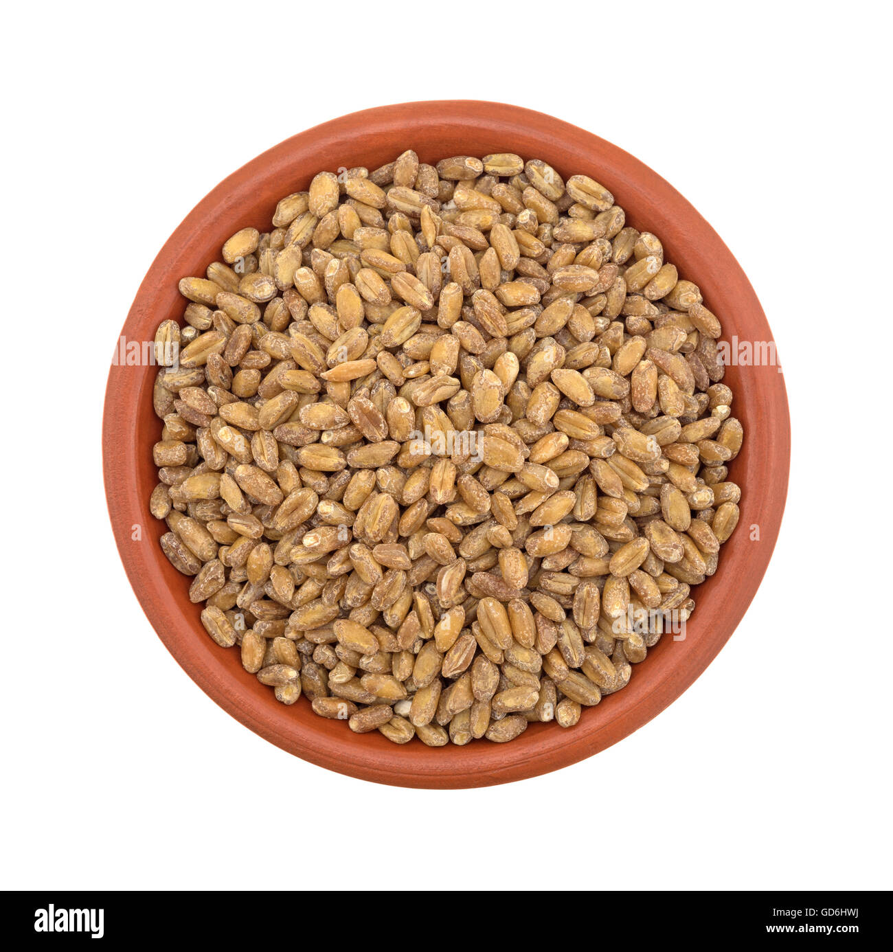 Top view of a small bowl filled with red winter wheat berries isolated ...