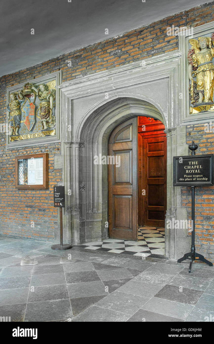 Entrance to the chapel royal at the palace of Hampton Court, London ...