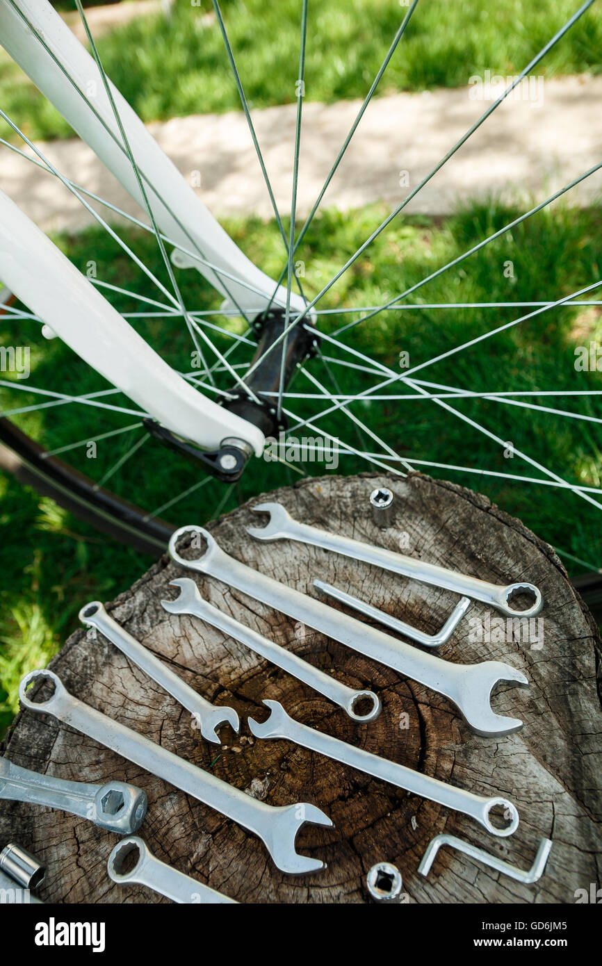Bike repairing, green outside background. bicycle repair tools Stock ...