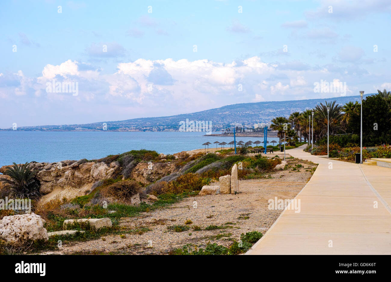 Walkway along sea coast with mountains view. Mediterranean Sea, Cyprus ...