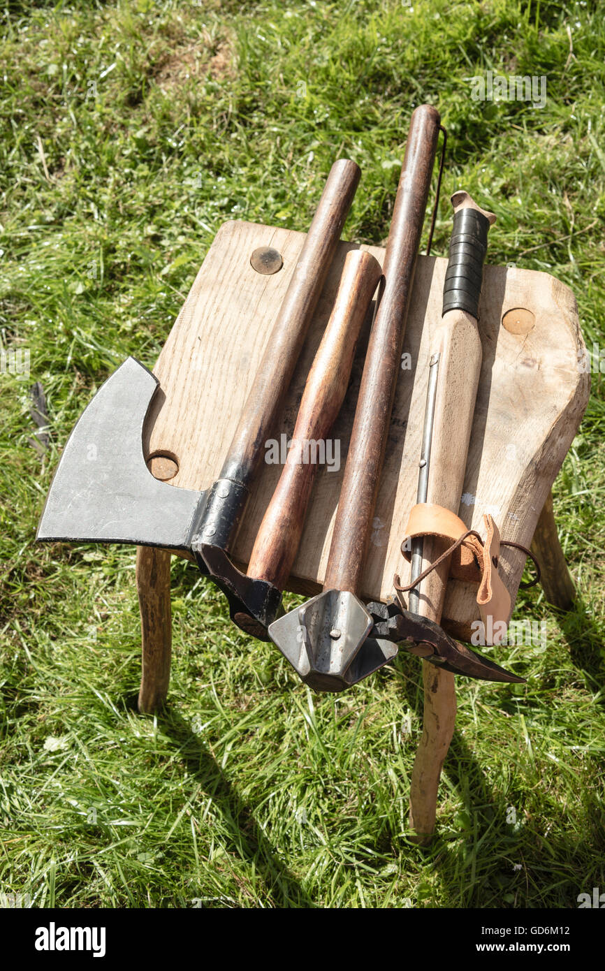 Group of medieval weapons outdoors Stock Photo - Alamy