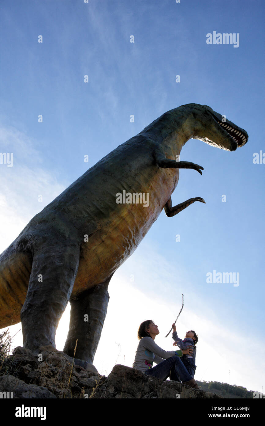 Spain, La Rioja, Enciso. Statue of a dinosaur at the site of dinosaur ...
