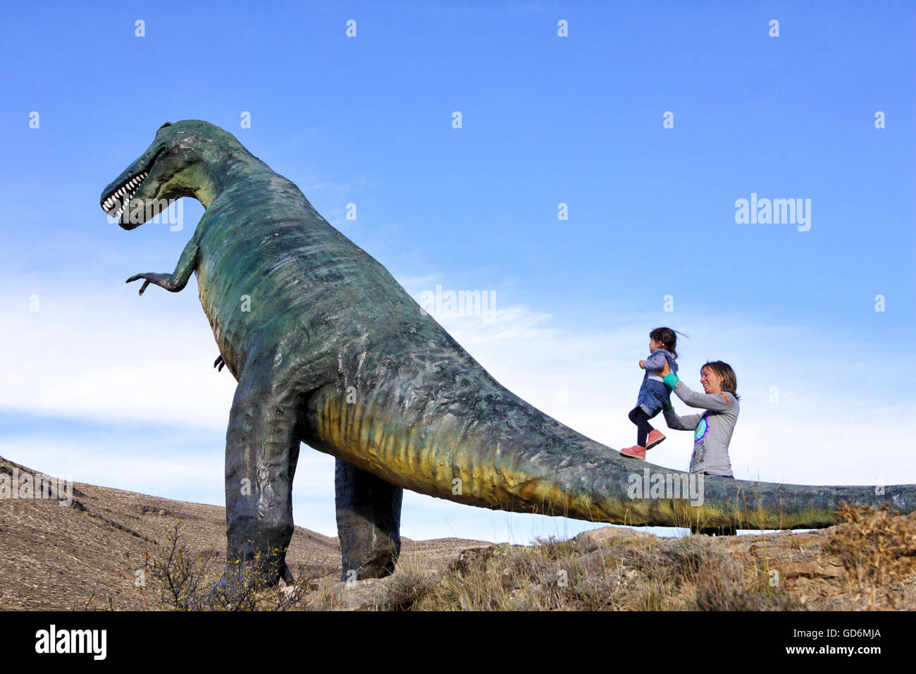 Spain, La Rioja, Enciso. Statue of a dinosaur at the site of dinosaur ...