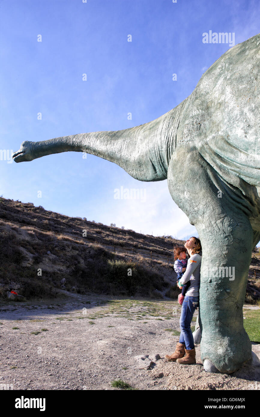 Spain, La Rioja, Enciso. Statue of a dinosaur at the site of dinosaur ...