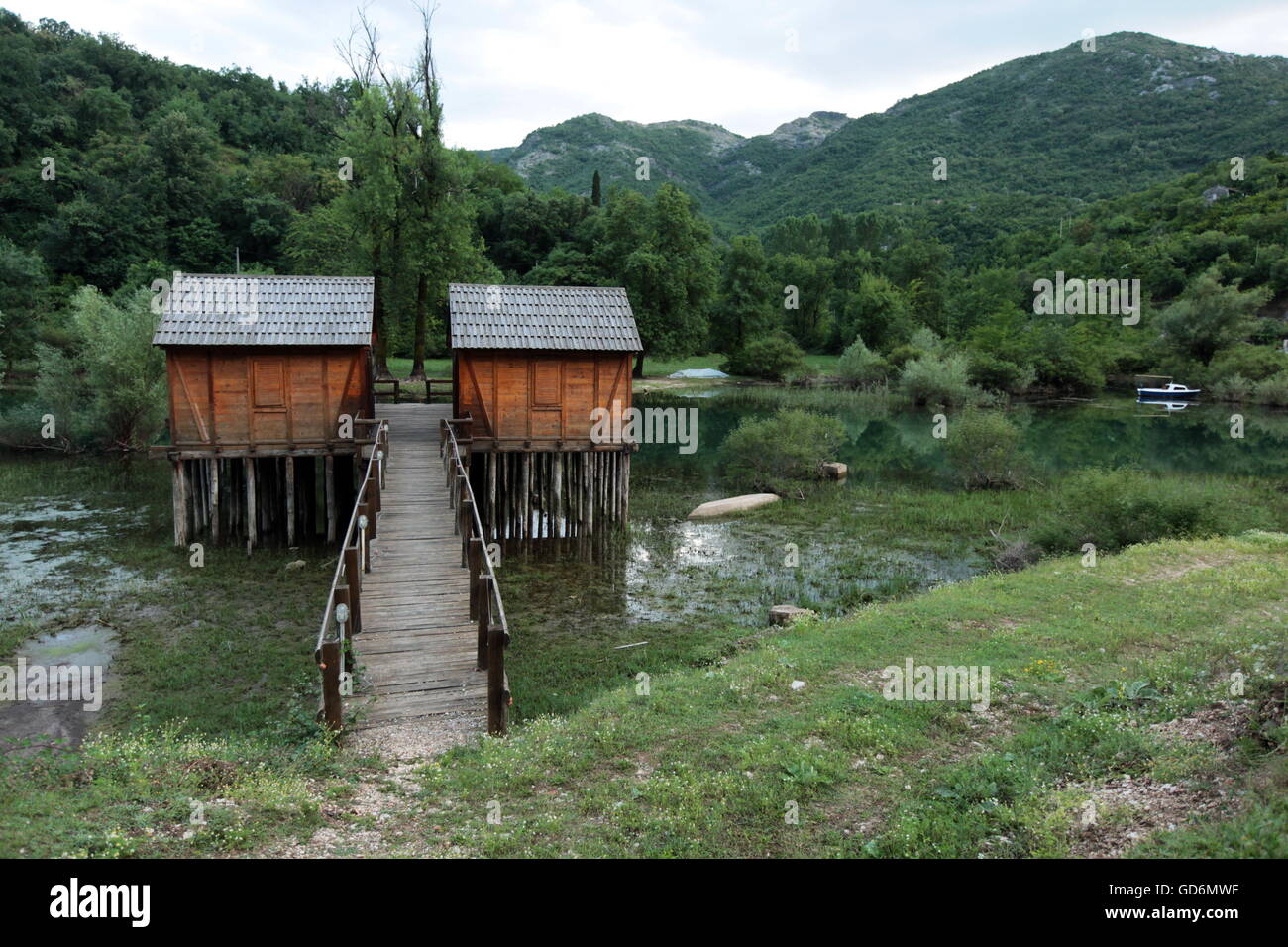 the river and Town of Rijeka Crnojevica at the west end of the Skadarsko Jezero Lake or Skadar ...