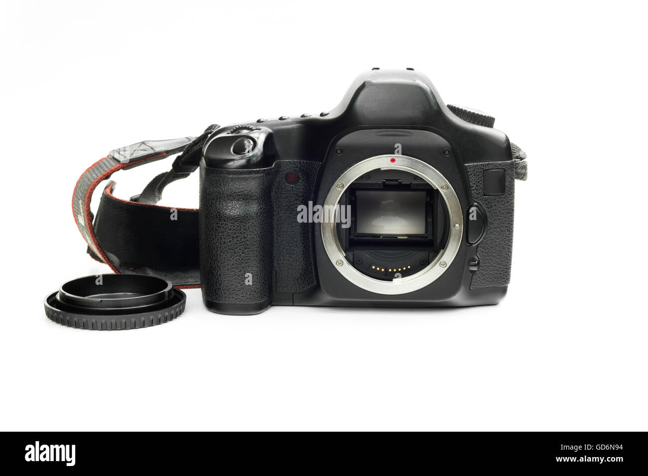 Photo camera reflex showing its sensor on white isolated background ...