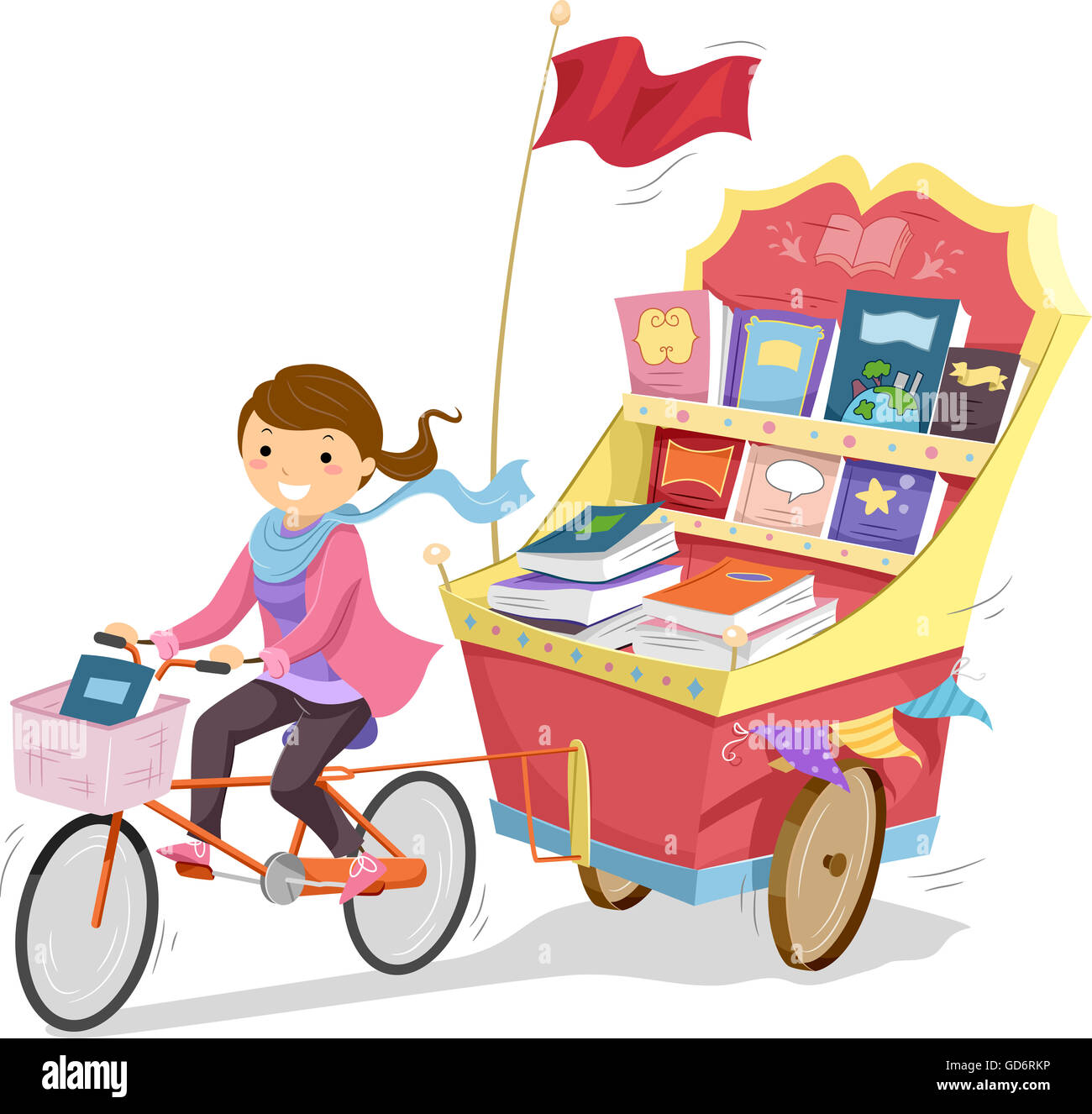 Illustration of a Teenage Girl Driving a Cart Full of Books Stock Photo ...