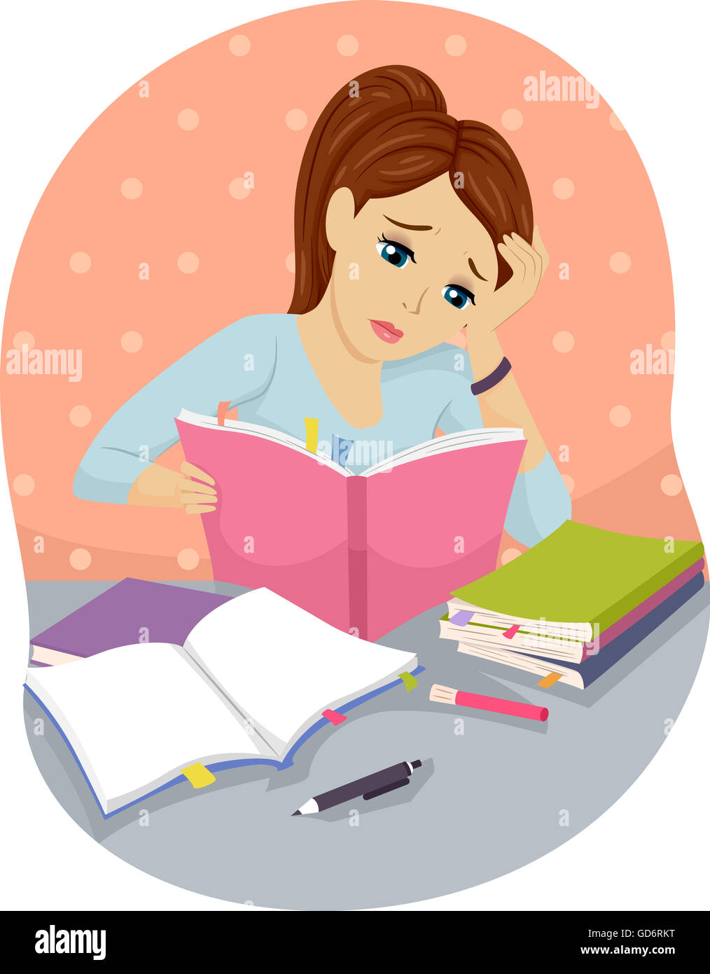 Illustration of a Teenage Girl Studying Hard Stock Photo - Alamy